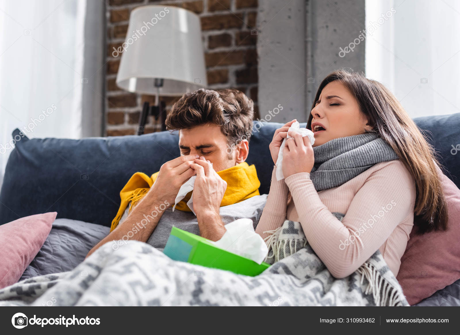 Sick Girlfriend Boyfriend Sneezing Holding Napkins Apartment ⬇ Stock ...