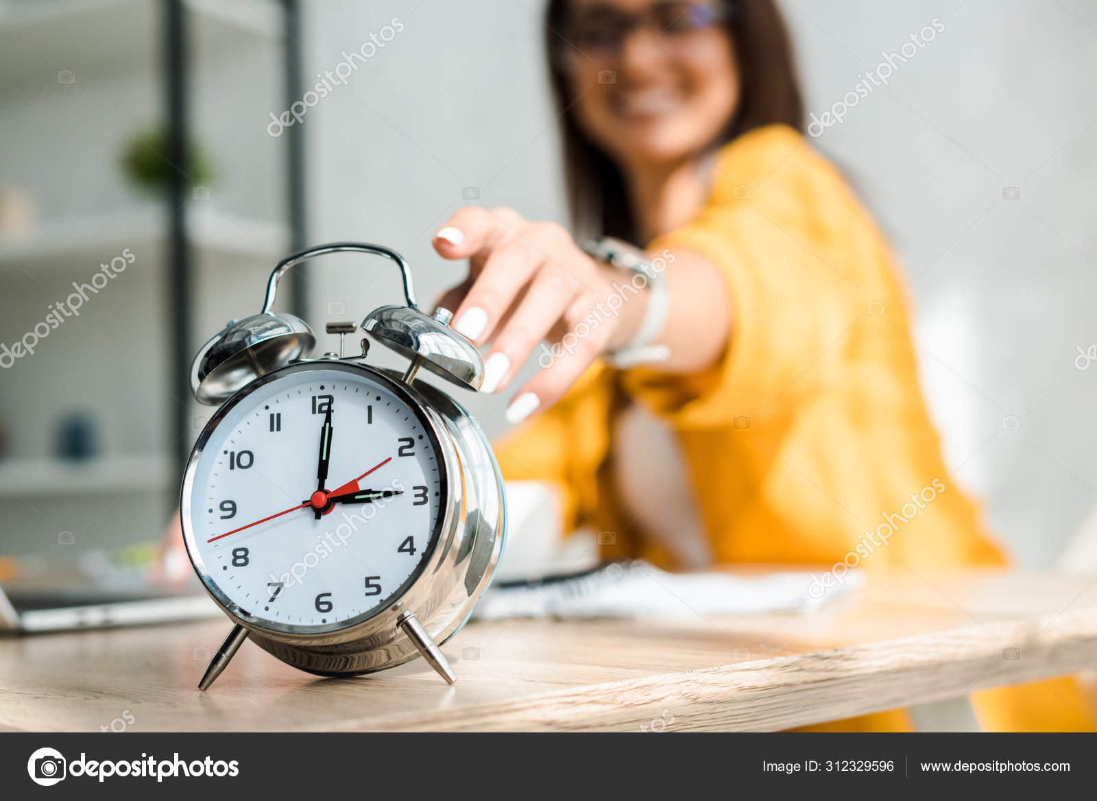 Selective Focus Female Freelancer Touching Alarm Clock — Stock Photo ...