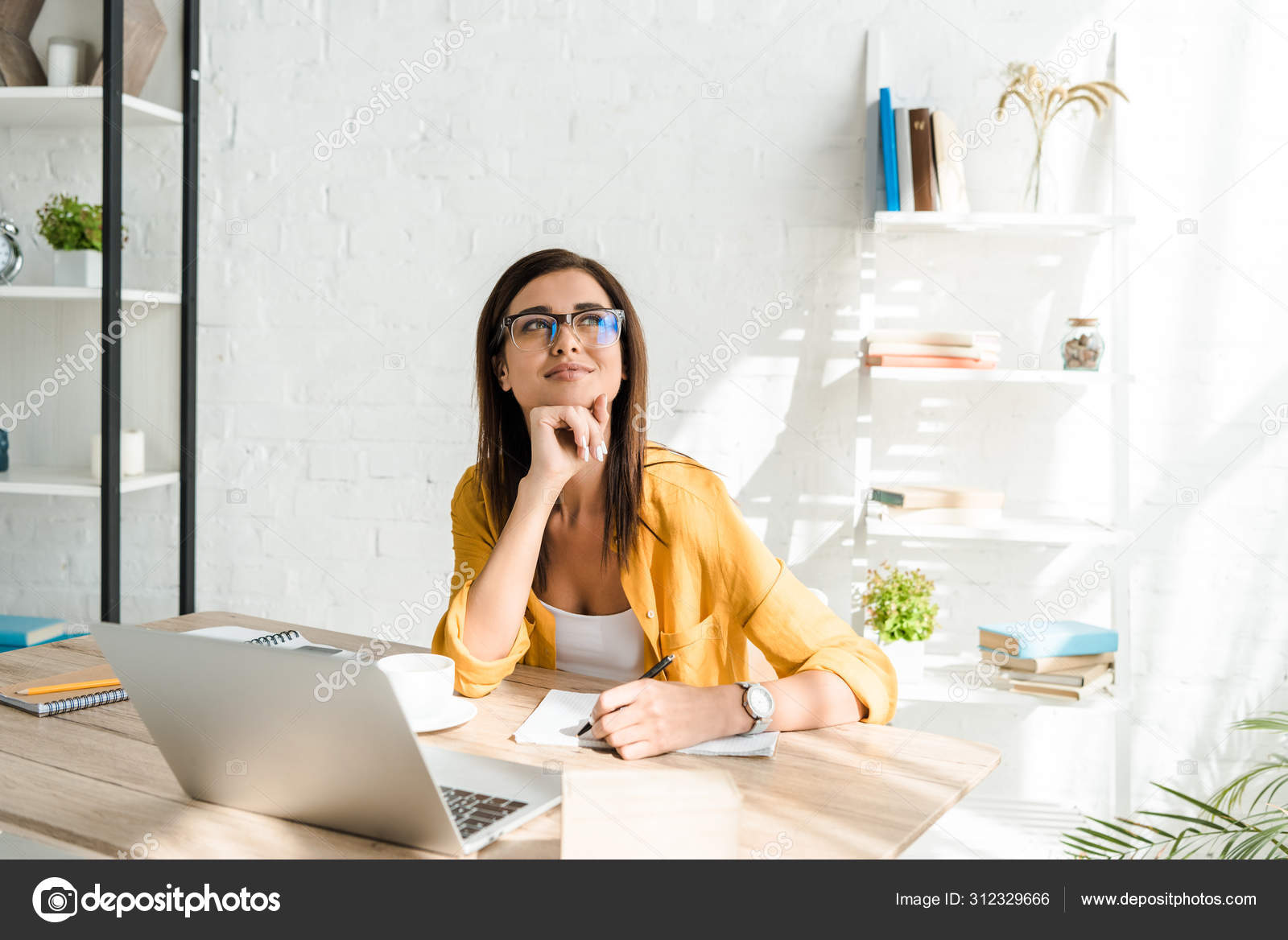 Beautiful Dreamy Freelancer Working Laptop Home Office Stock Photo by ...