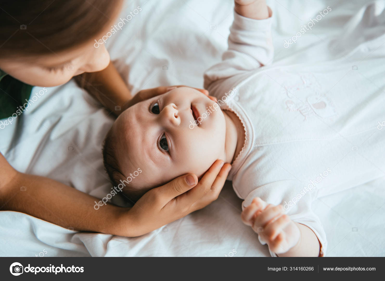 Cropped View Child Touching Head Adorable Baby Lying White Bedding ...