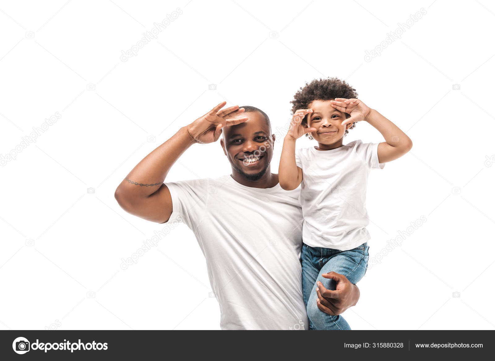 Cheerful African American Father Holding Son Imitating Photo Shooting