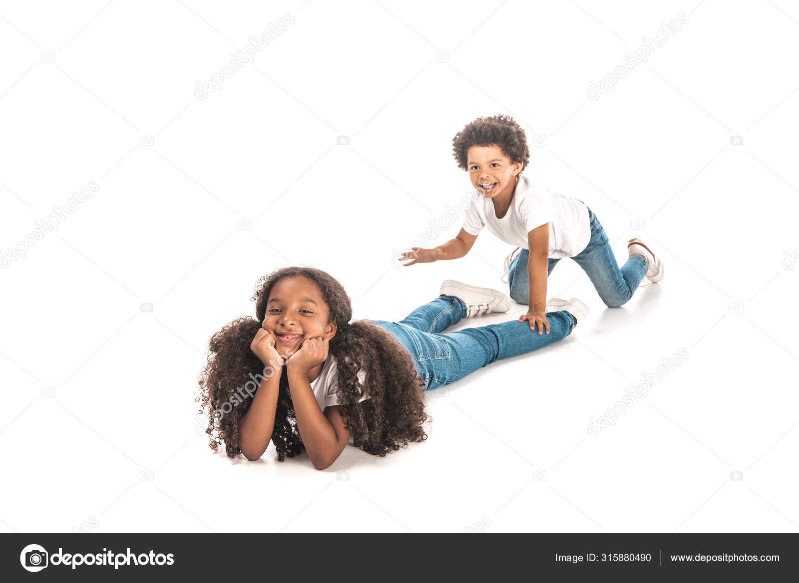 Cheerful African American Boy Sneaking Lying Sister White Background ...