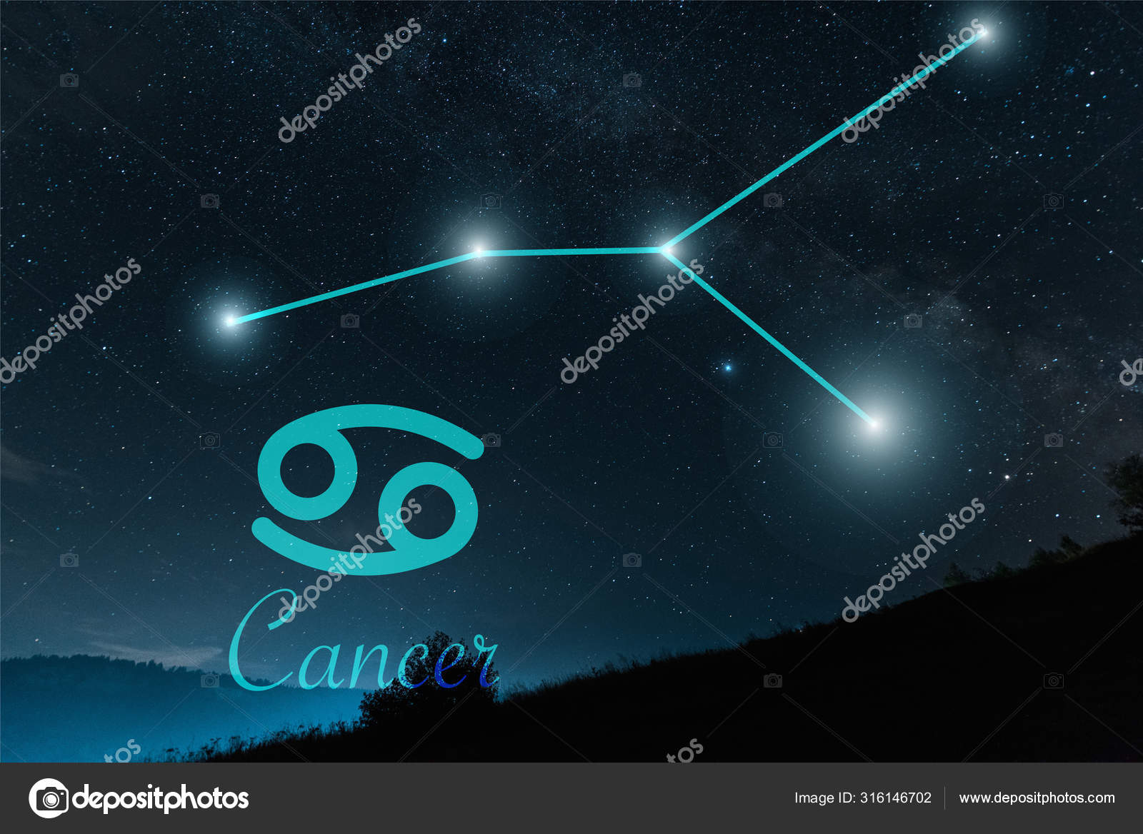 Dark Landscape Night Starry Sky Cancer Constellation — Stock Photo ...