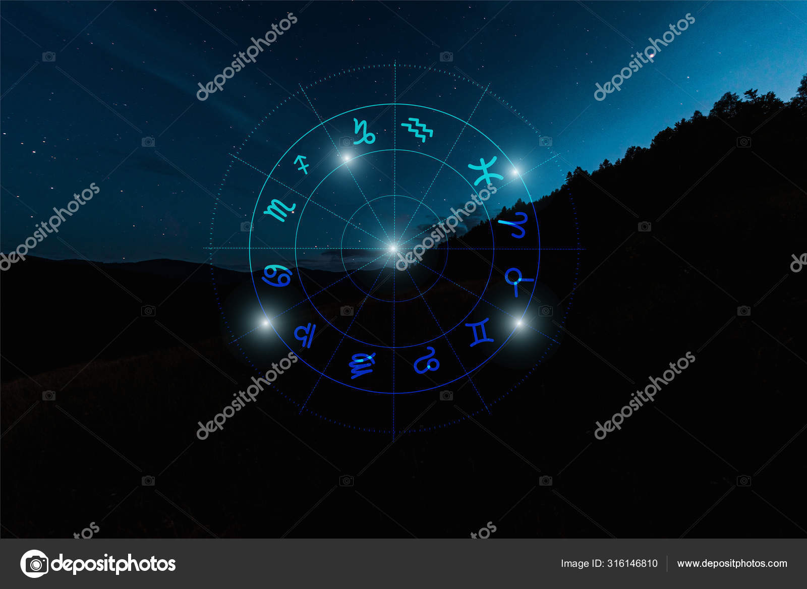 Dark Landscape Night Starry Sky Zodiac Signs Illustration — Stock Photo ...