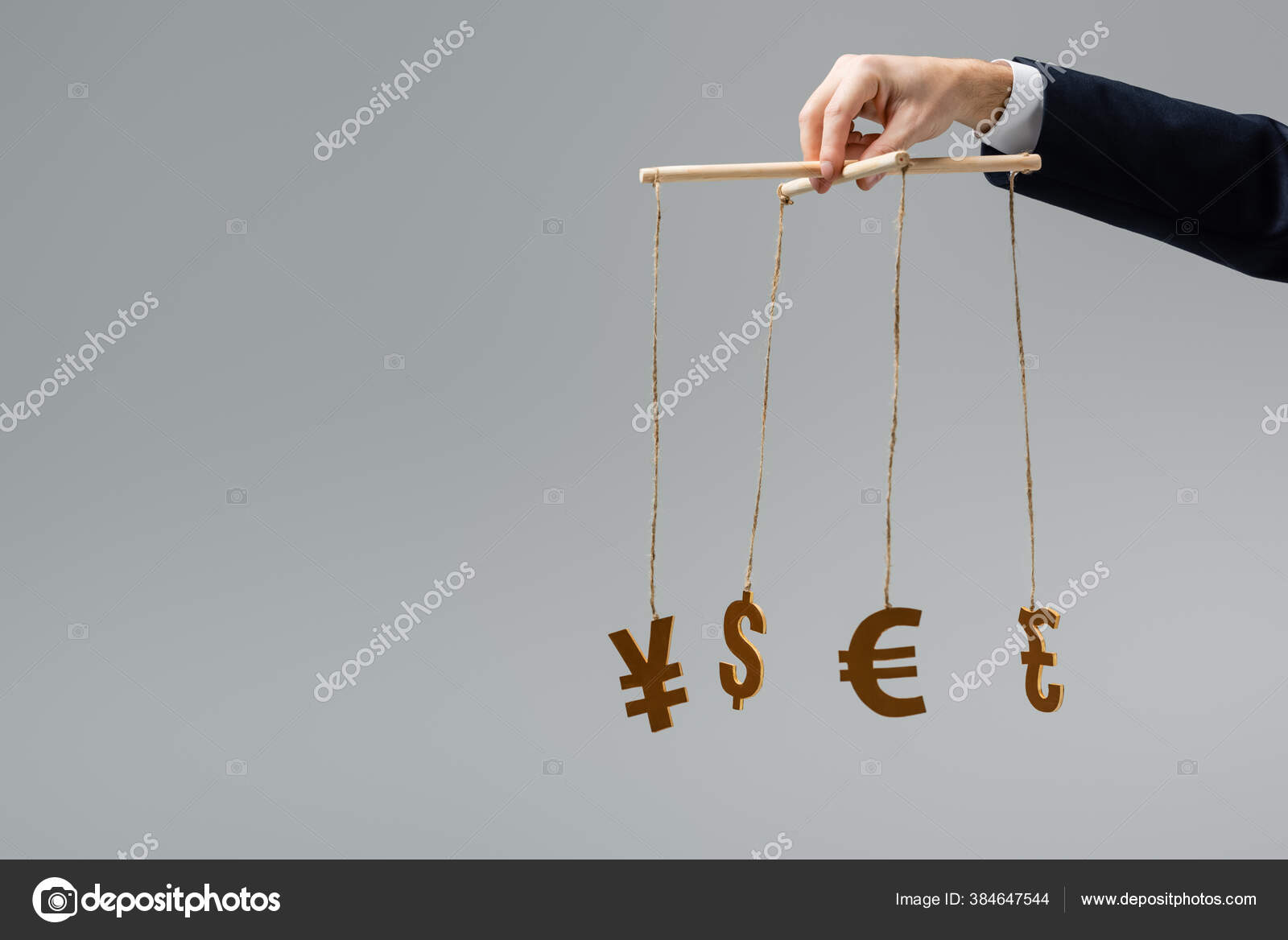 Cropped View Businessman Holding Currency Signs Strings Isolated Grey ...