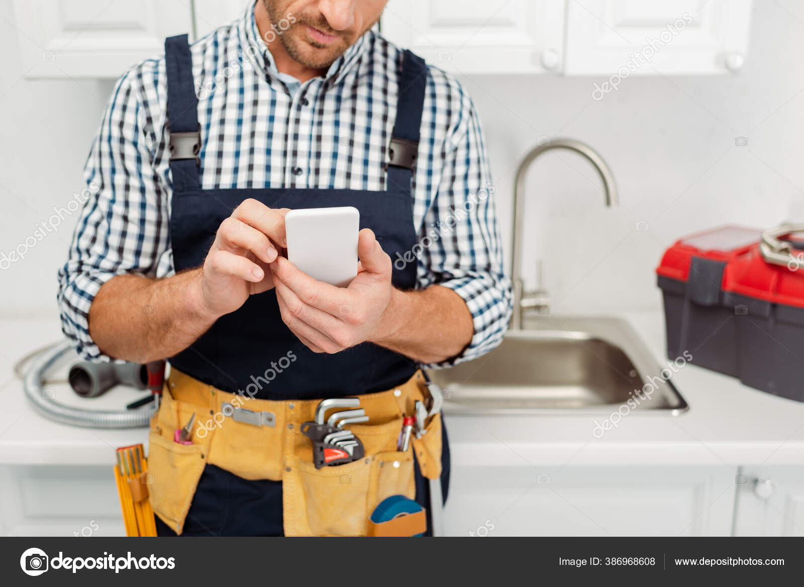 Cropped View Workman Tool Belt Using Smartphone While Working Kitchen ...