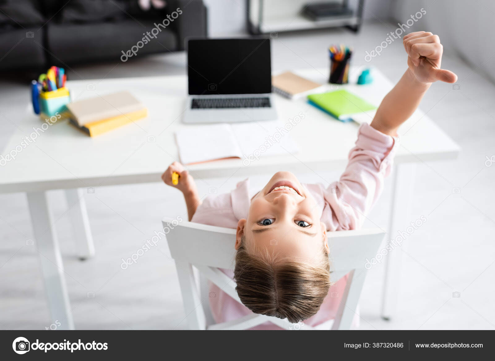 Back View Smiling Kid Showing Gesture Stationery Laptop Home Stock ...
