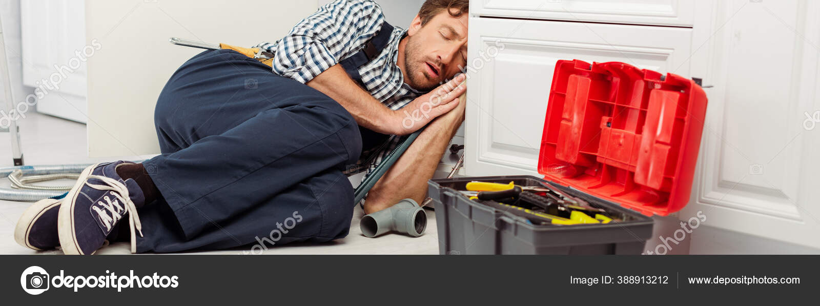 Panoramic Shot Plumber Sleeping Pipes Toolbox Kitchen — Stock Photo ...