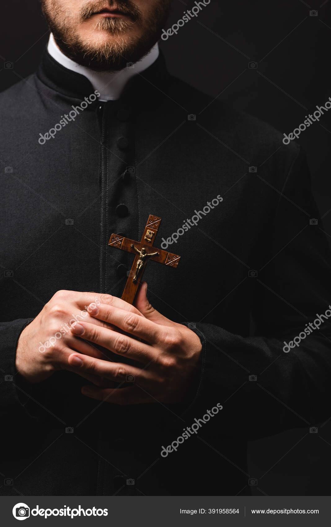 Cropped View Bearded Priest Holding Wooden Cross Isolated Black Stock ...