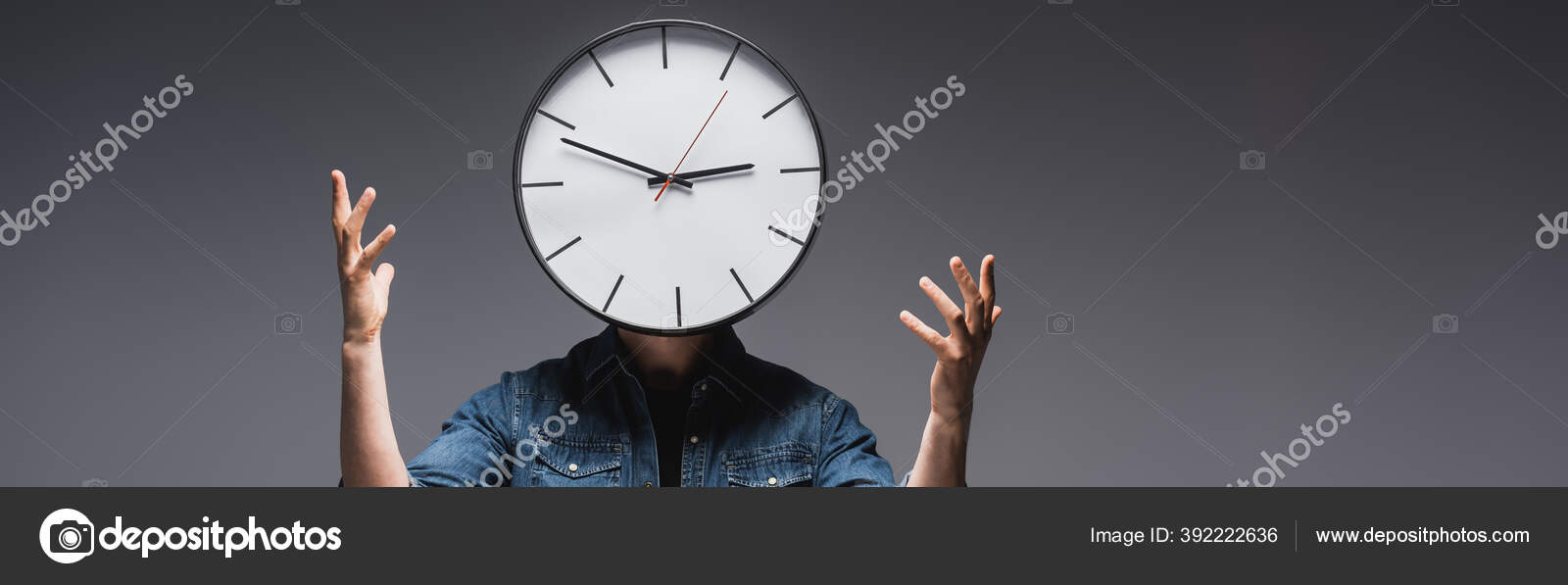 Horizontal Image Man Clock Head Gesturing Grey Background Concept Time ...