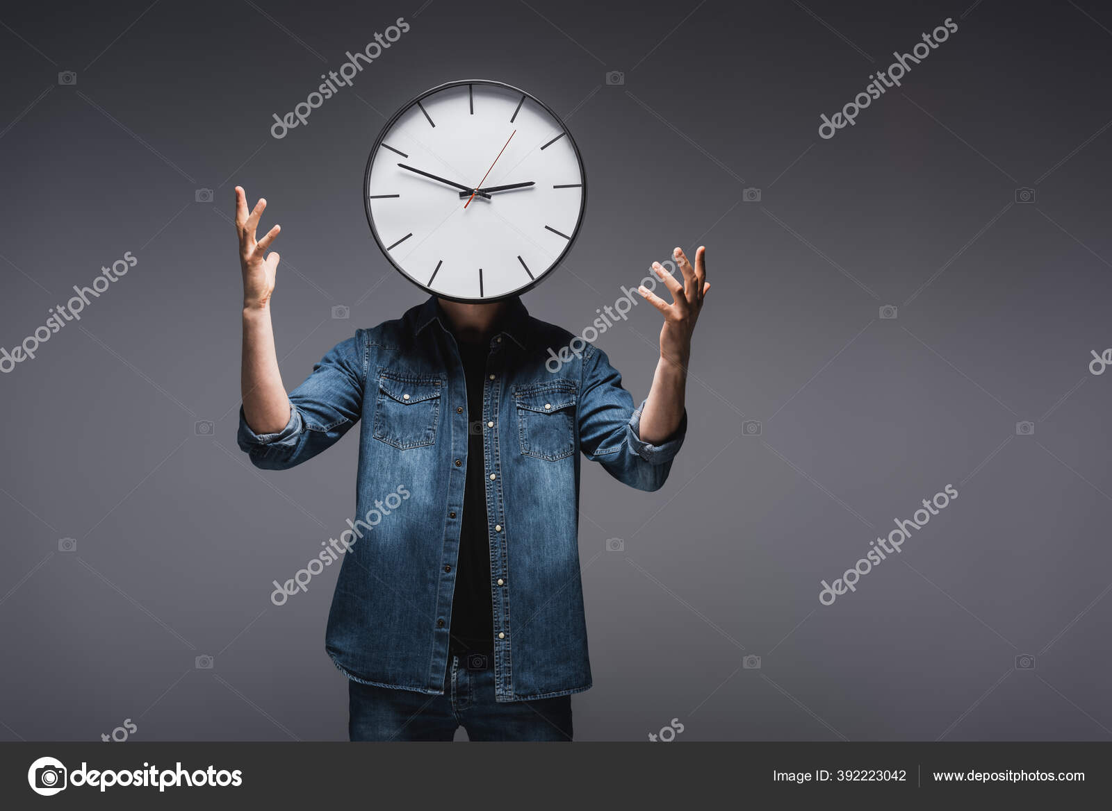 Young Man Clock Face Gesturing Grey Background Concept Time Management ...