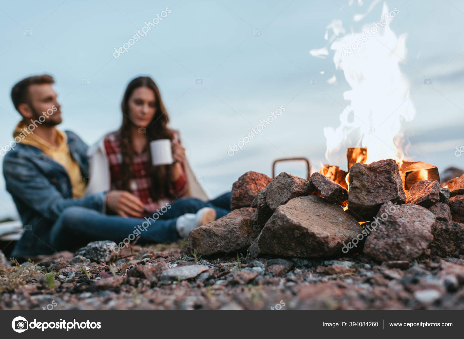 Selective Focus Burning Bonfire Couple Sitting Rocks — Stock Photo ...