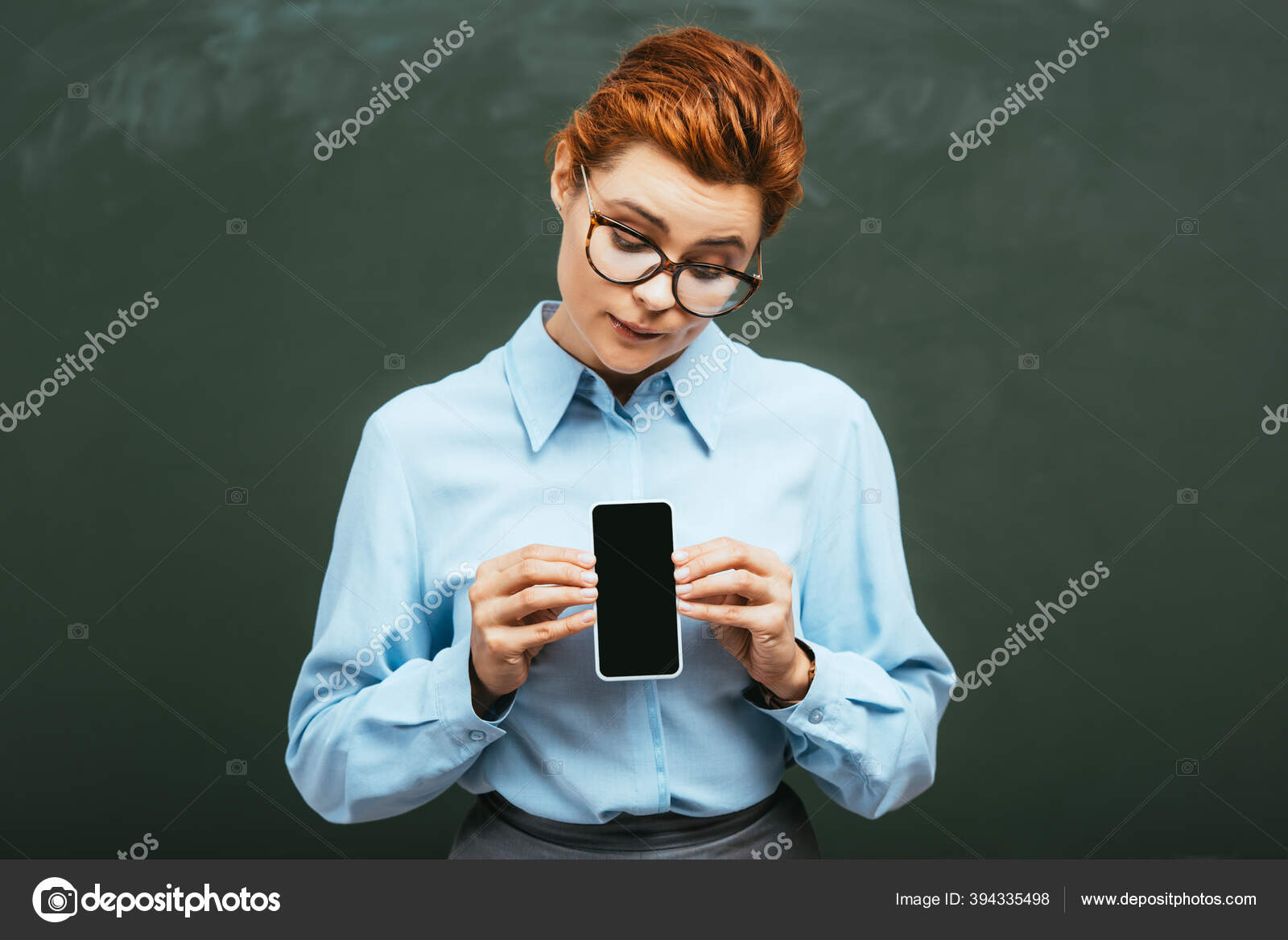 Beautiful Young Teacher Standing Chalkboard Holding Smartphone Blank ...
