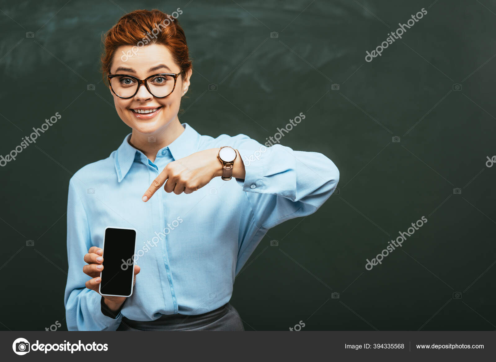 Happy Attractive Teacher Pointing Finger Smartphone Blank Screen ...