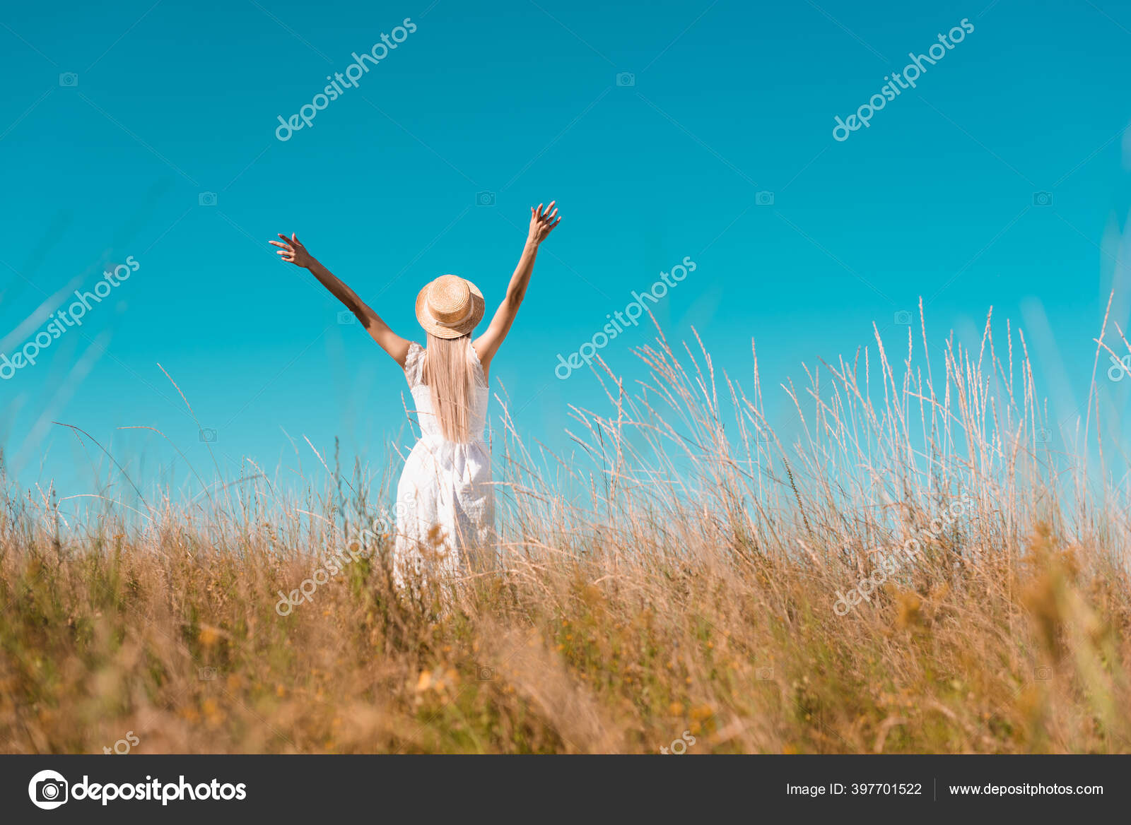 Back View Woman Straw Hat White Dress Standing Raised Hands — Stock ...