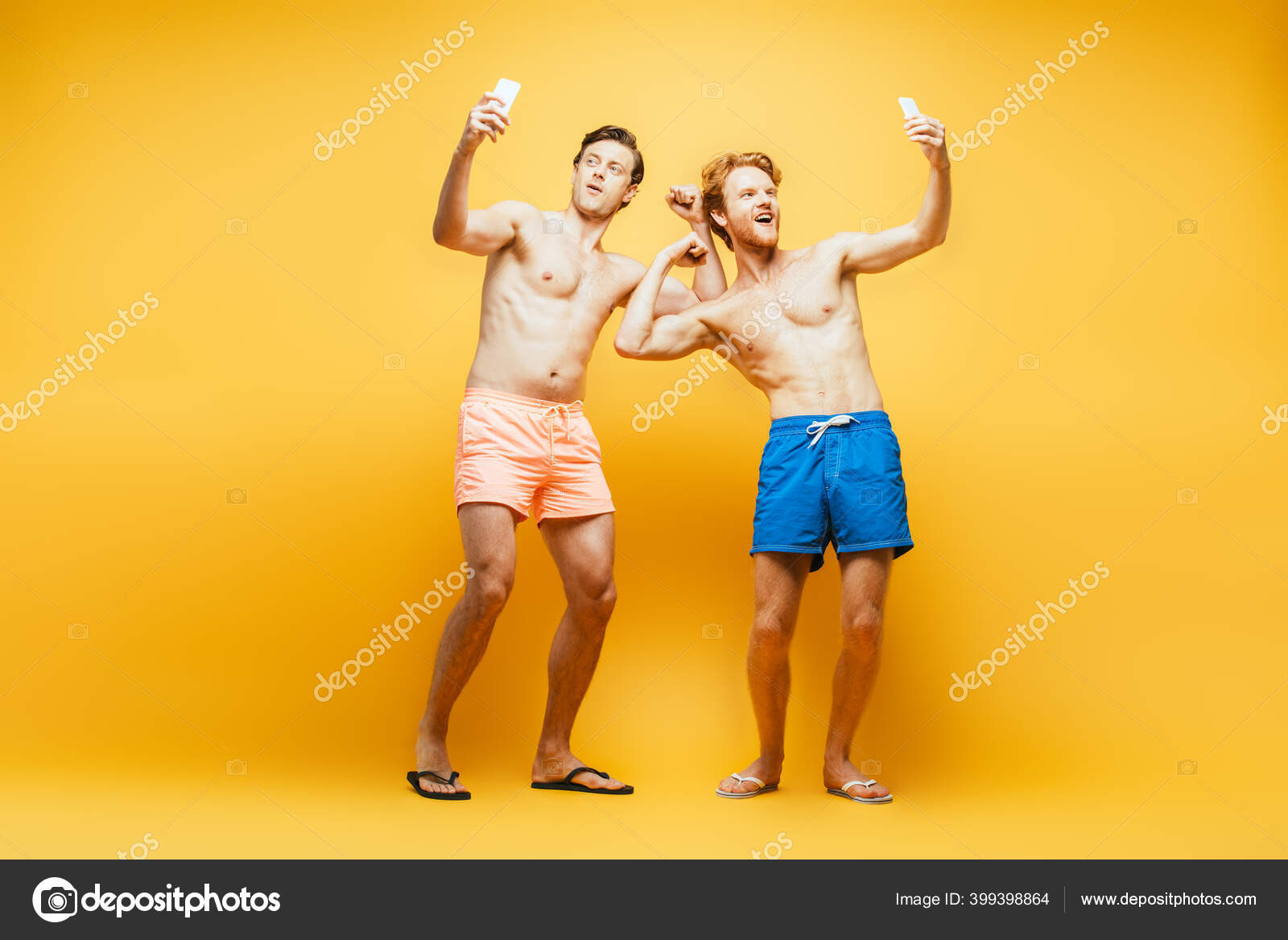 Full Length View Two Shirtless Friends Demonstrating Biceps Grimacing ...