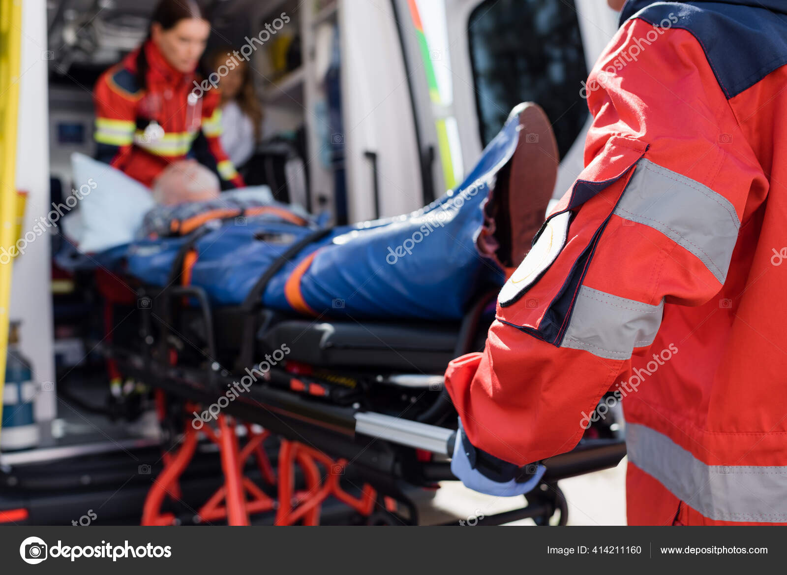 Selective Focus Paramedic Uniform Carrying Stretcher Patient Ambulance ...