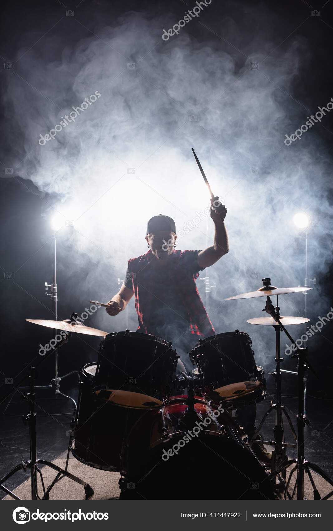 Man Playing Drums While Sitting Drum Kit Backlit Smoke Background Stock ...
