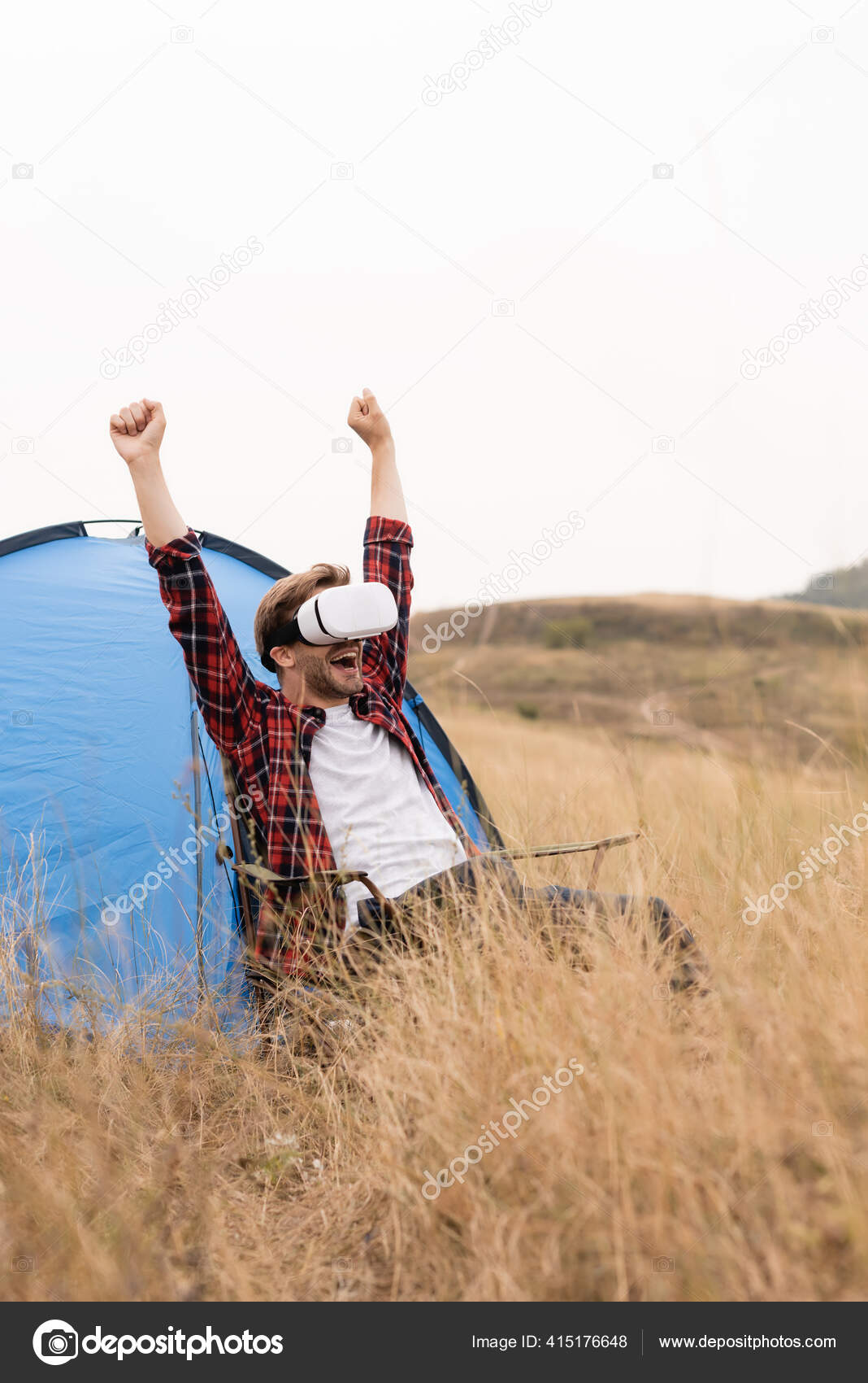 Excited Man Showing Yes Gesture While Using Headset Tent Camping ...