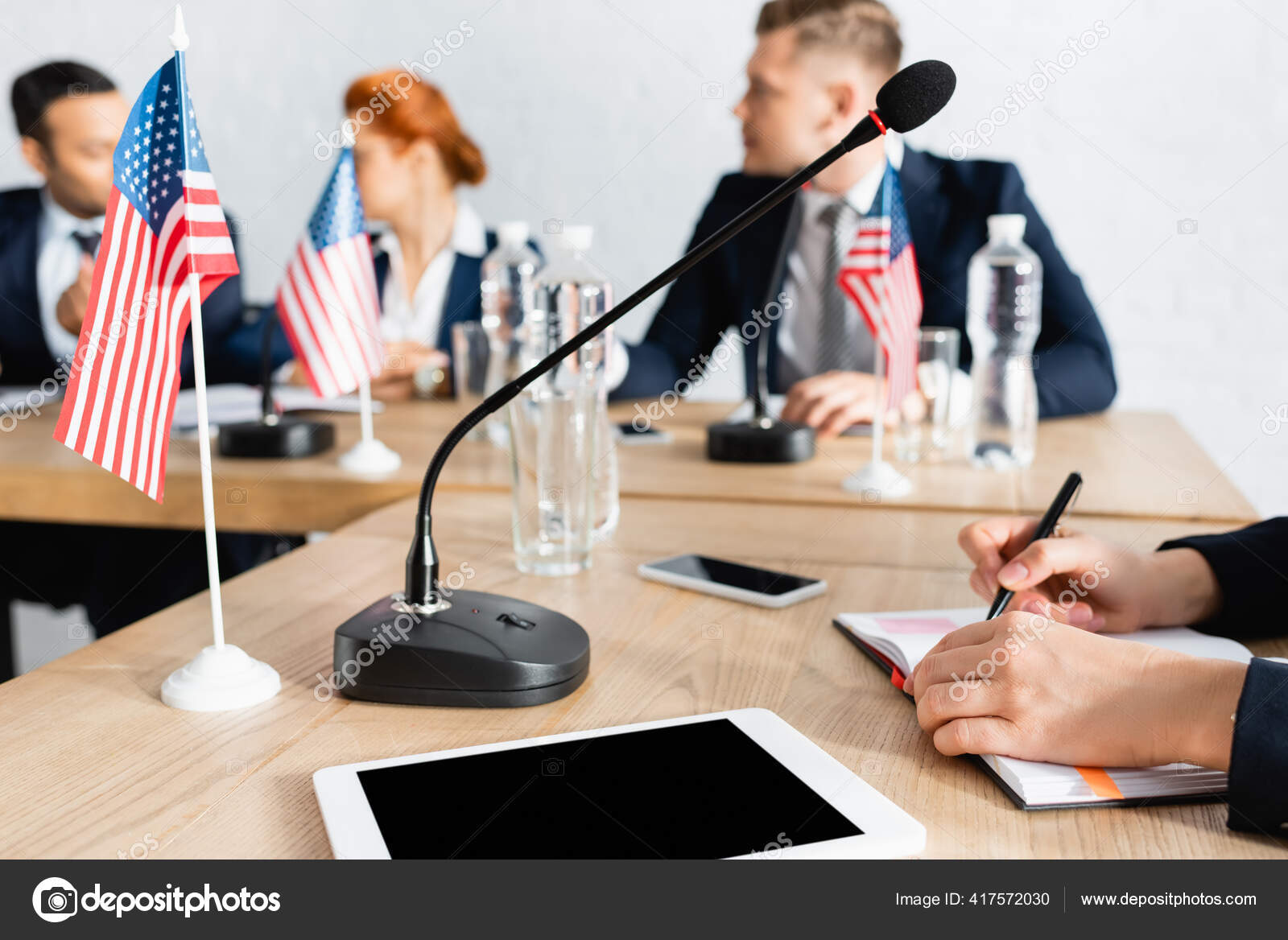 Politician Writing Notebook While Sitting Microphone Digital Tablet ...