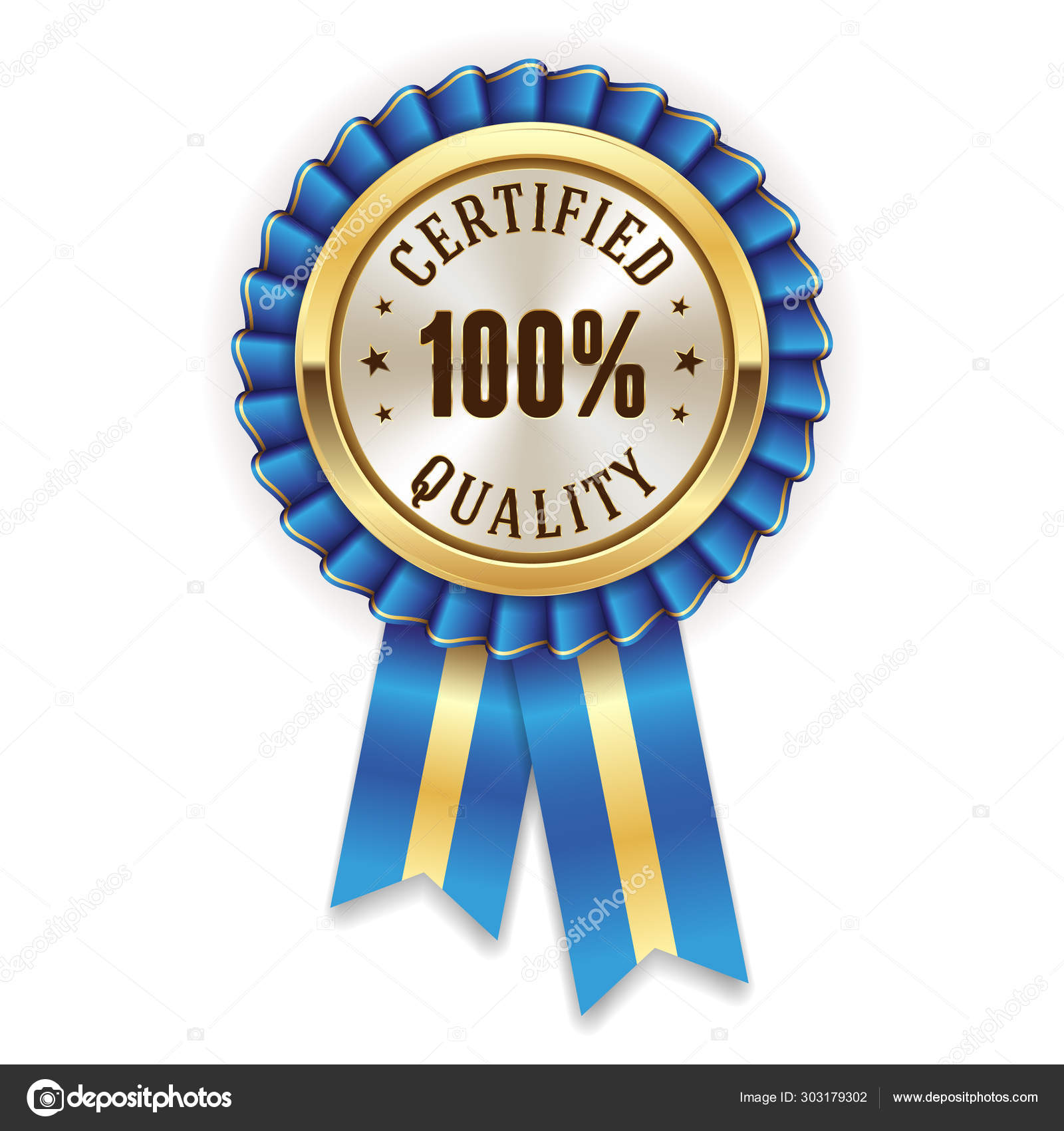 Gold 100 Percent Certified Quality Badge Blue Ribbon Stock Vector by ...
