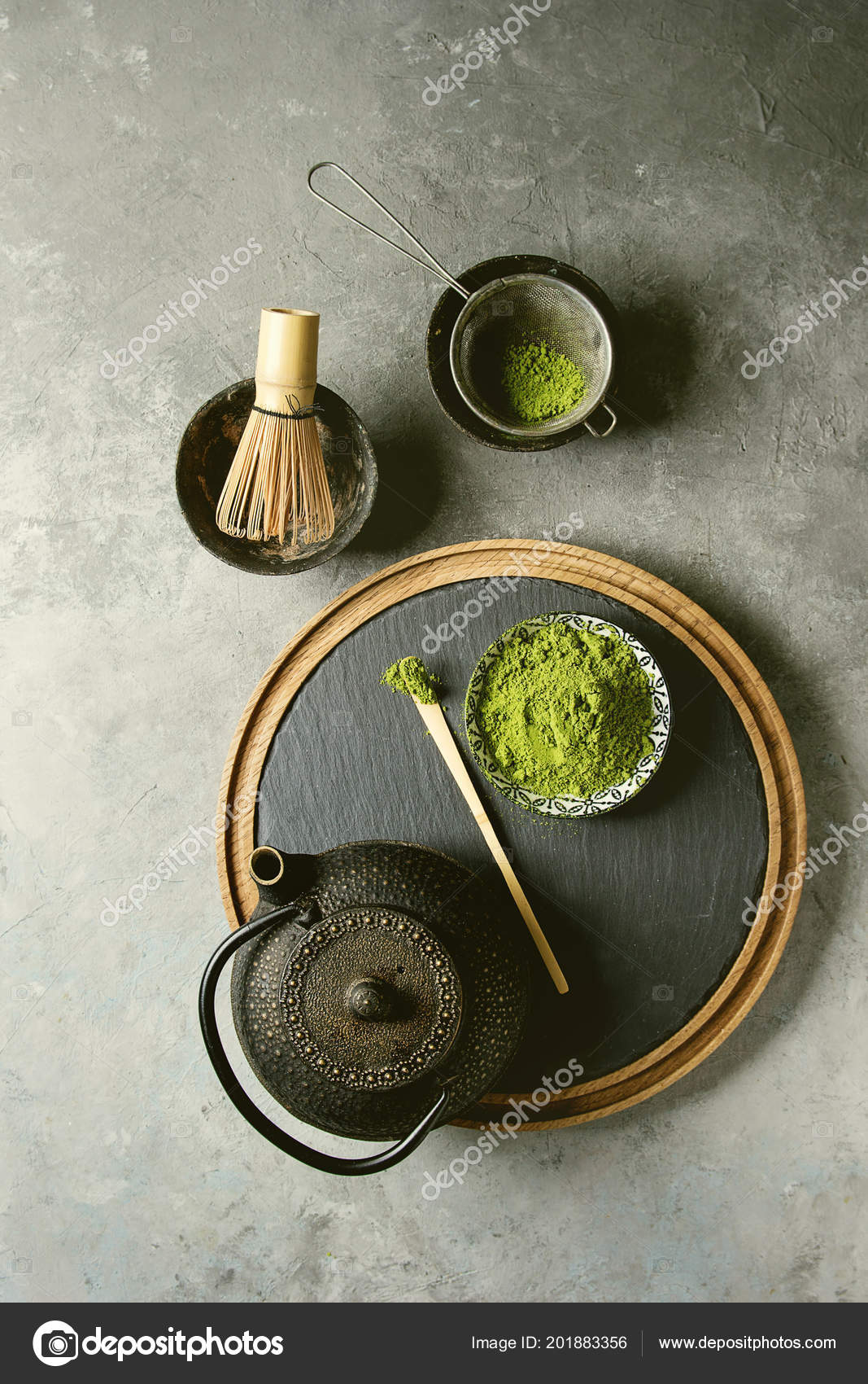 Ingredients Making Matcha Drink Green Tea Matcha Powder Ceramic Bowl ...