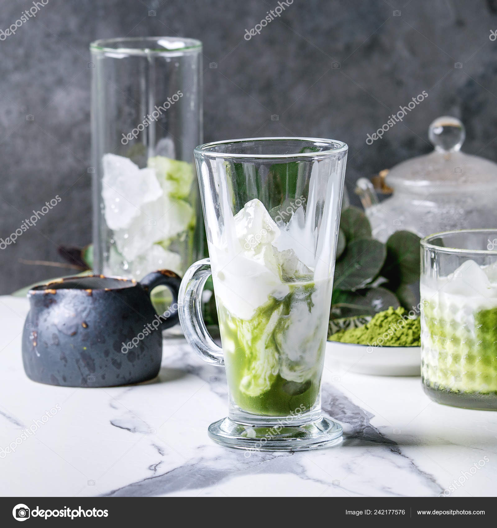 Matcha Green Tea Iced Latte Cocktail Three Different Glasses Ice Stock ...