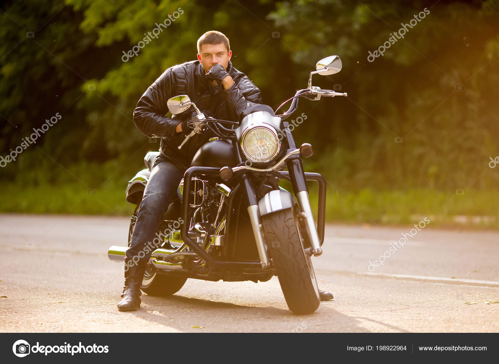 Handsome Young Biker Helmet Sitting Big Bike Road — Stock Photo ...