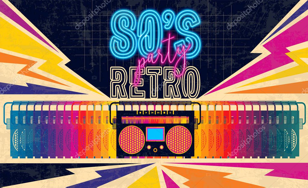 80, pancarta de fiesta de música retro o portada. Cartel de vector de ...