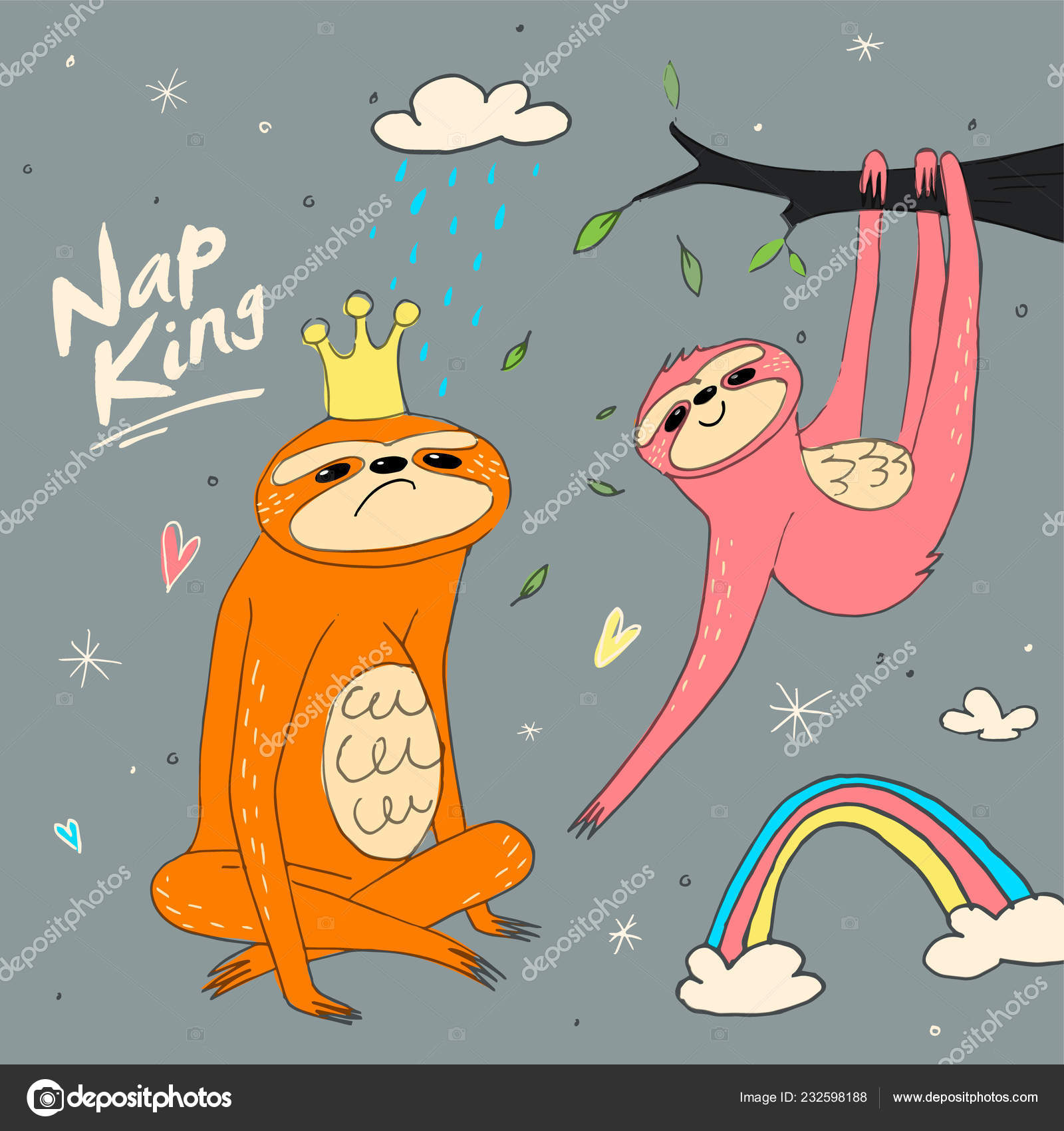 Nap King Cute Hand Drawn Sloth Sluggard Funny Vector Illustrations ...
