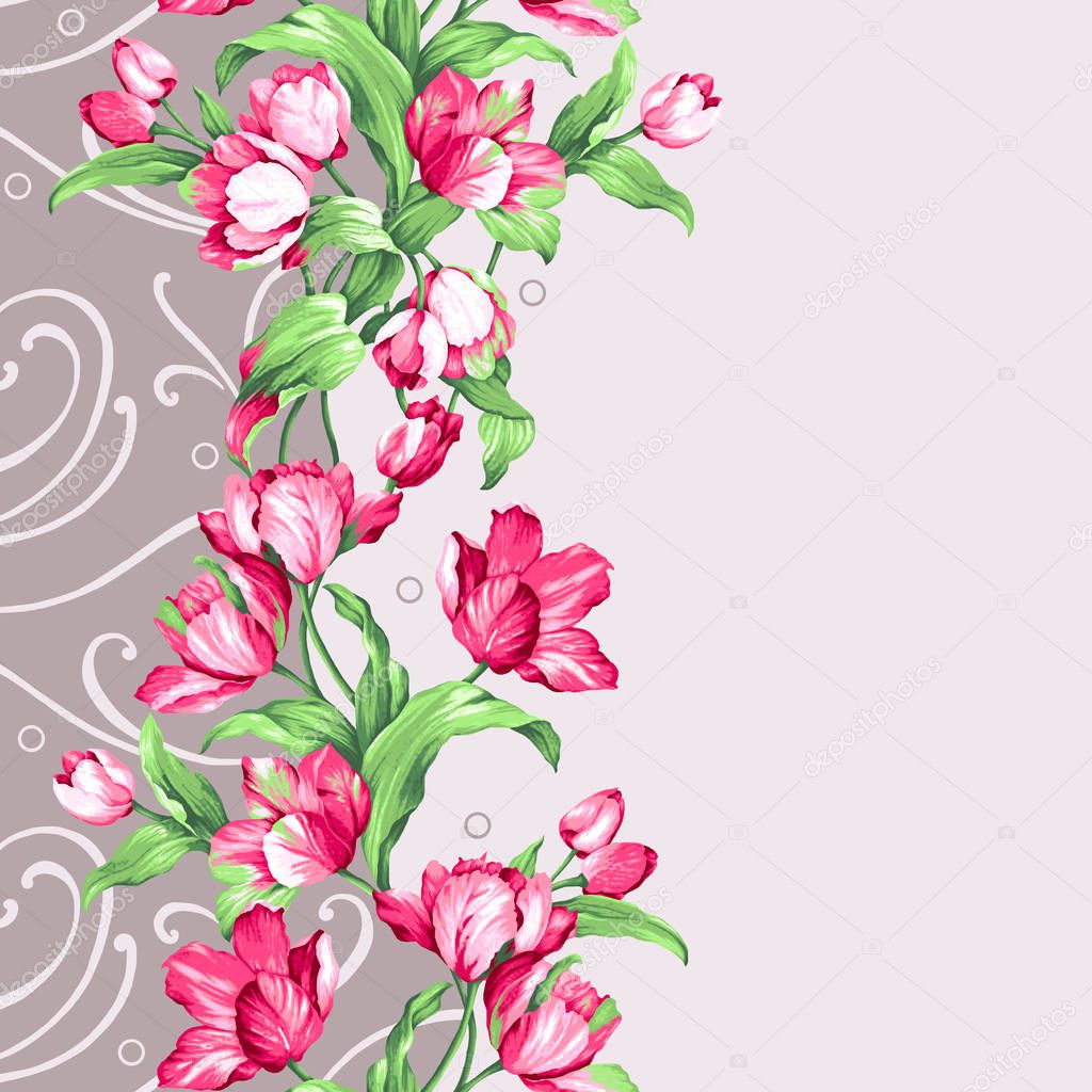 Raya vertical repetitiva de tulipanes con adorno y espacio libre para ...