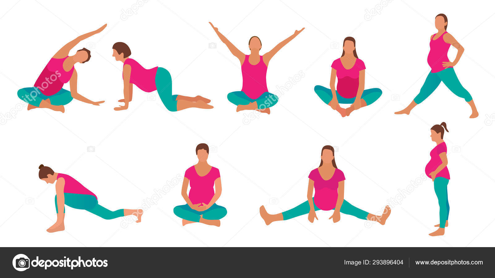 Pregnant womans exercise yoga characters set in a modern cartoon style ...