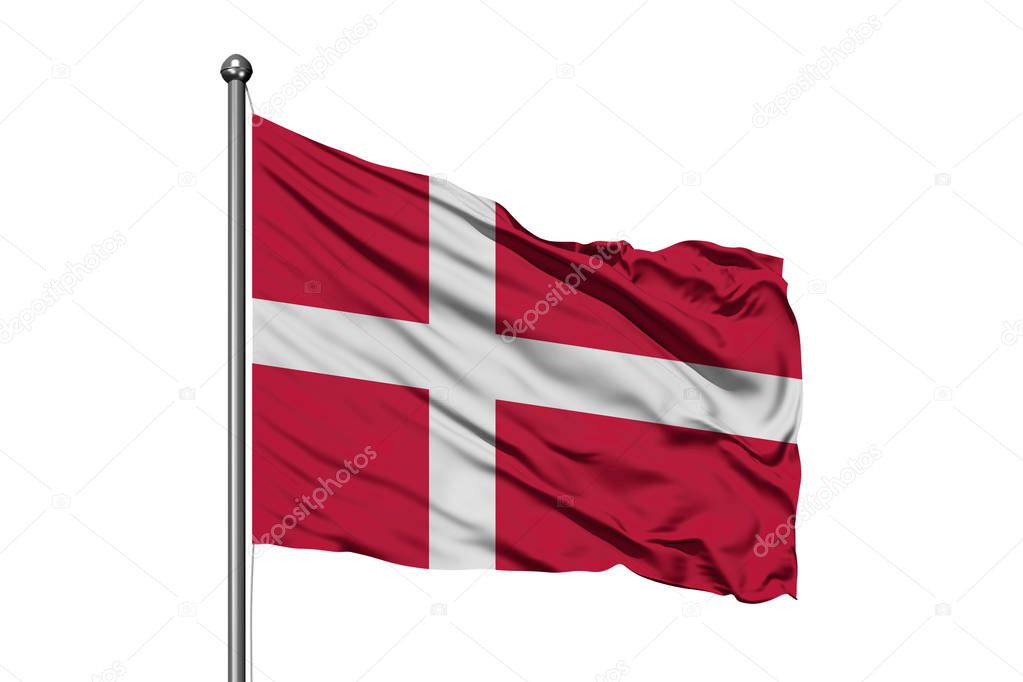 Bandera de Dinamarca ondeando en el viento, fondo blanco aislado ...