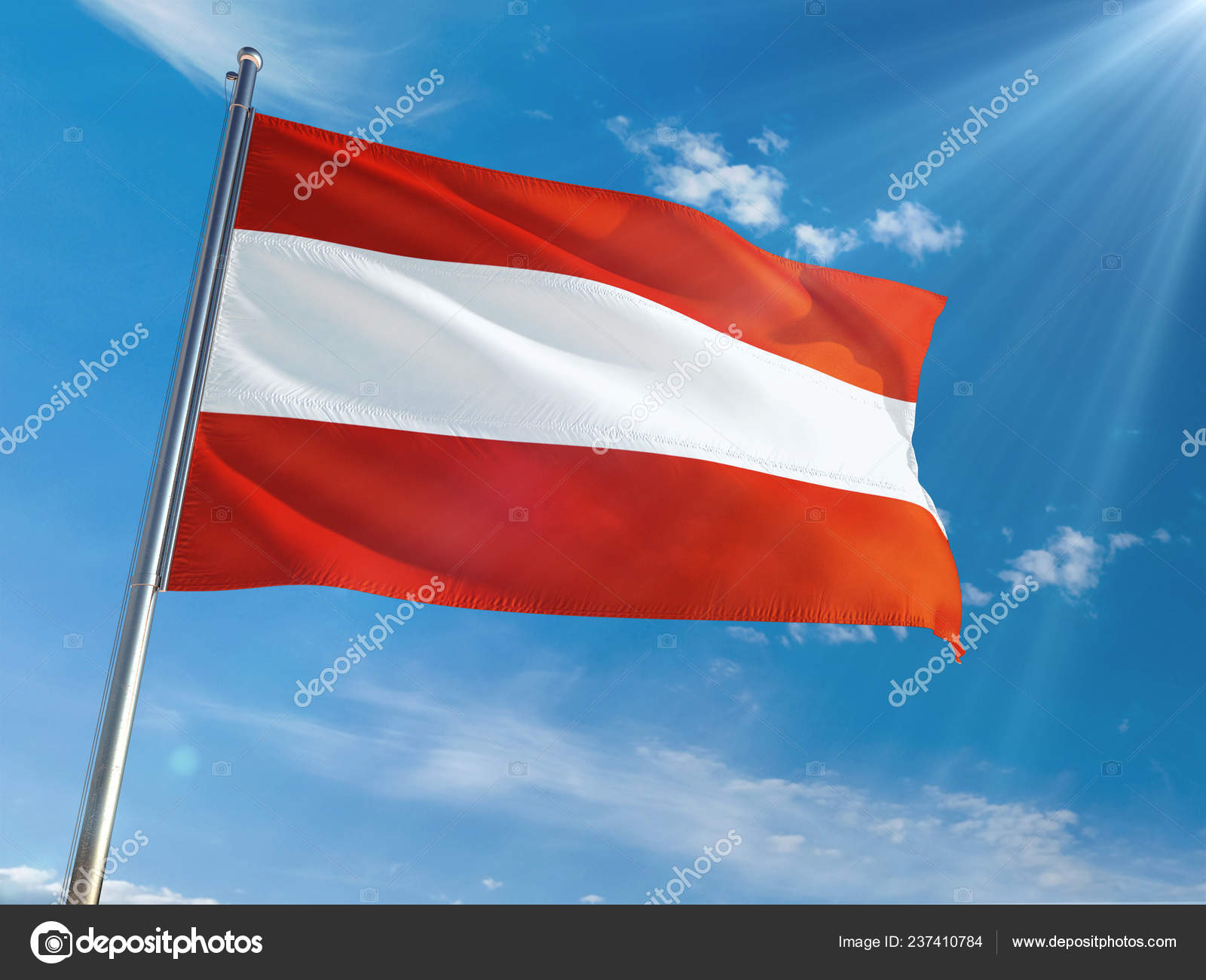 Austria National Flag Waving Pole Sunny Blue Sky Background High ...