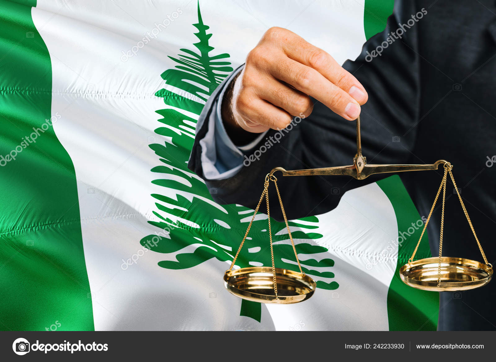 Judge Holding Golden Scales Justice Norfolk Island Waving Flag