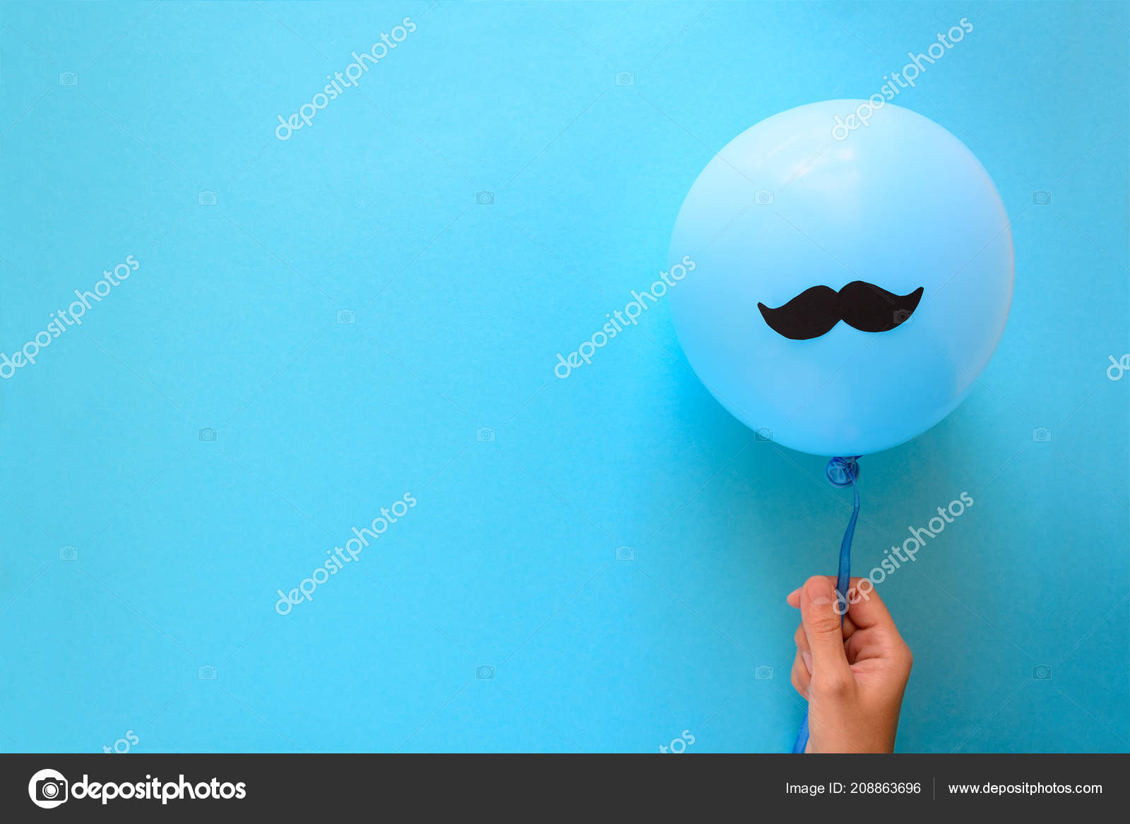 Hand Holding Blue Balloon Paper Mustache Blue Paper Background Cut ...