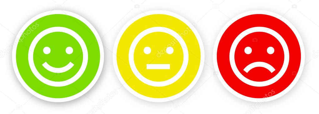 3 emoticonos sobre fondo blanco feliz, satisfecho, insatisfecho e ...
