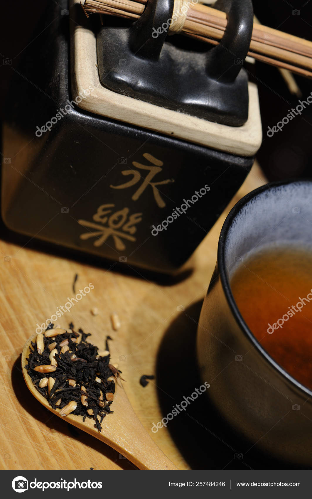 Asian Black Tea Set Rice Grains Wood Background — Stock Photo ...