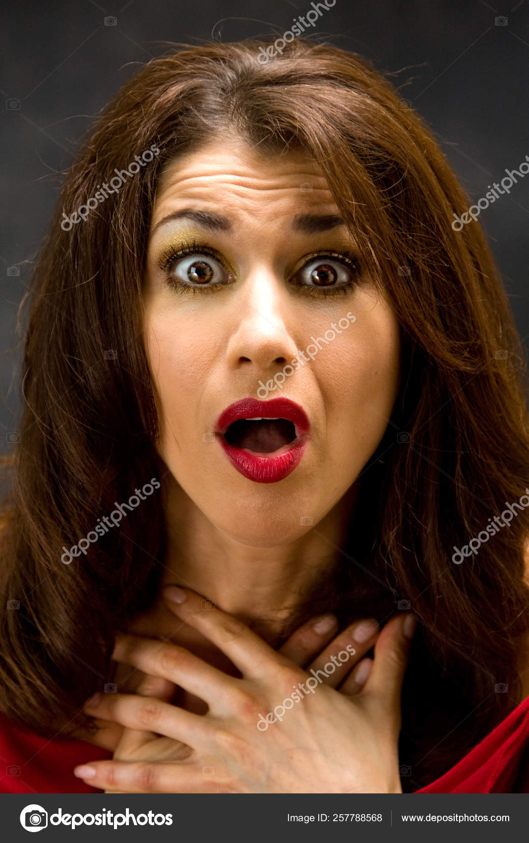 Beautiful Woman Shocked Expression Dressed Mouth Open Hands Chest ...