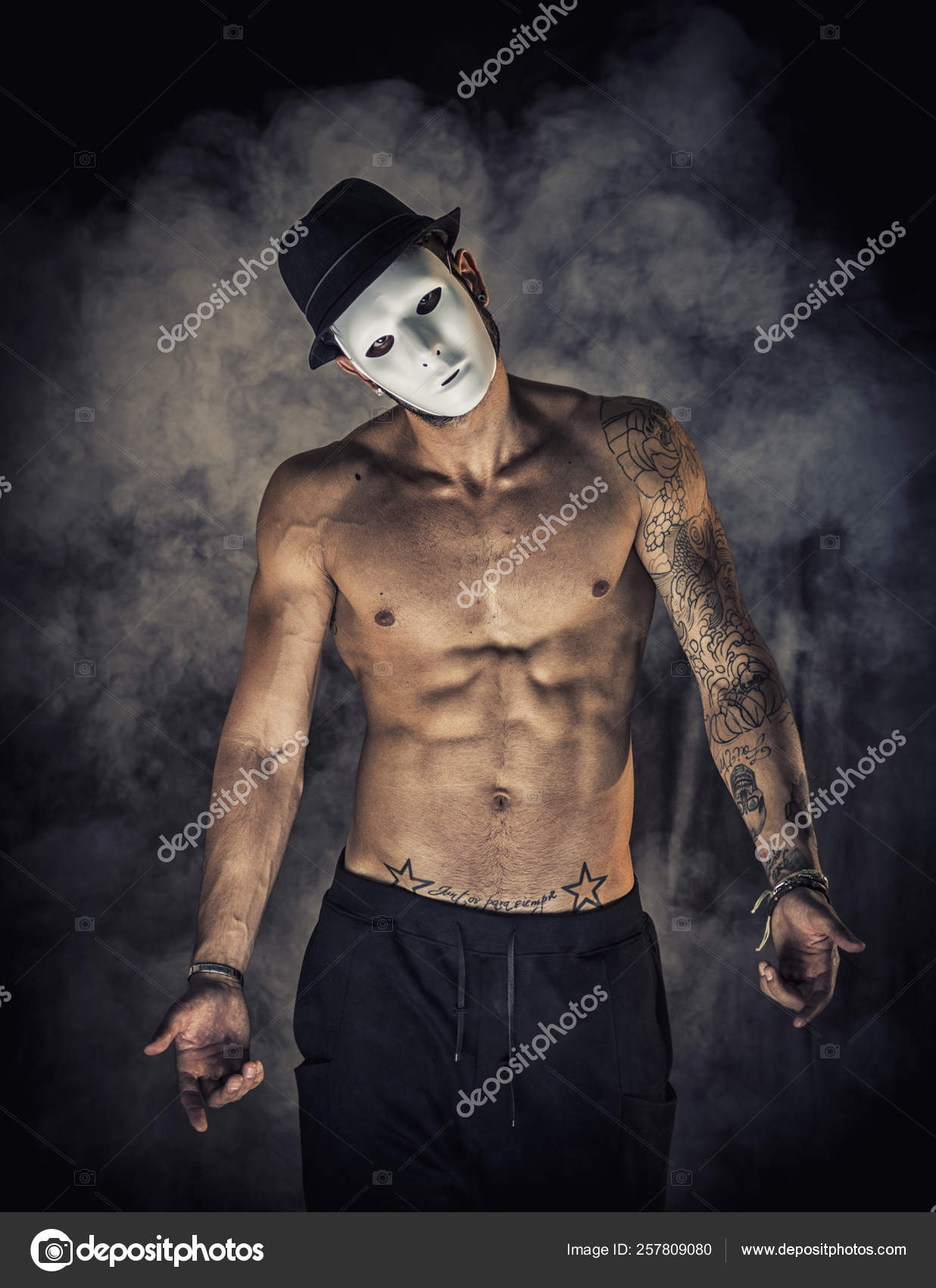 Shirtless Man Dancer Actor Creepy Scary Mask Tilted Head Dark Stock ...