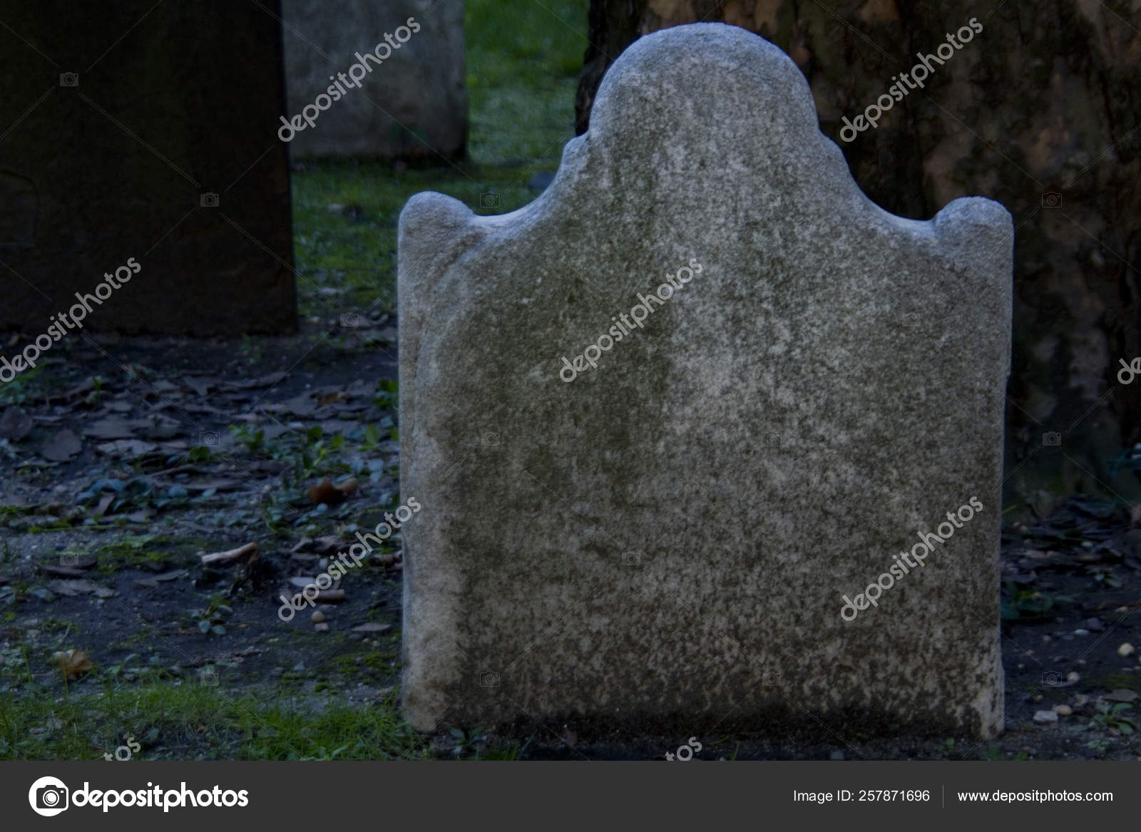 Blank Gravestone Cemetery Shadows Dead Leaves Strewn Worn Grass Edges ...