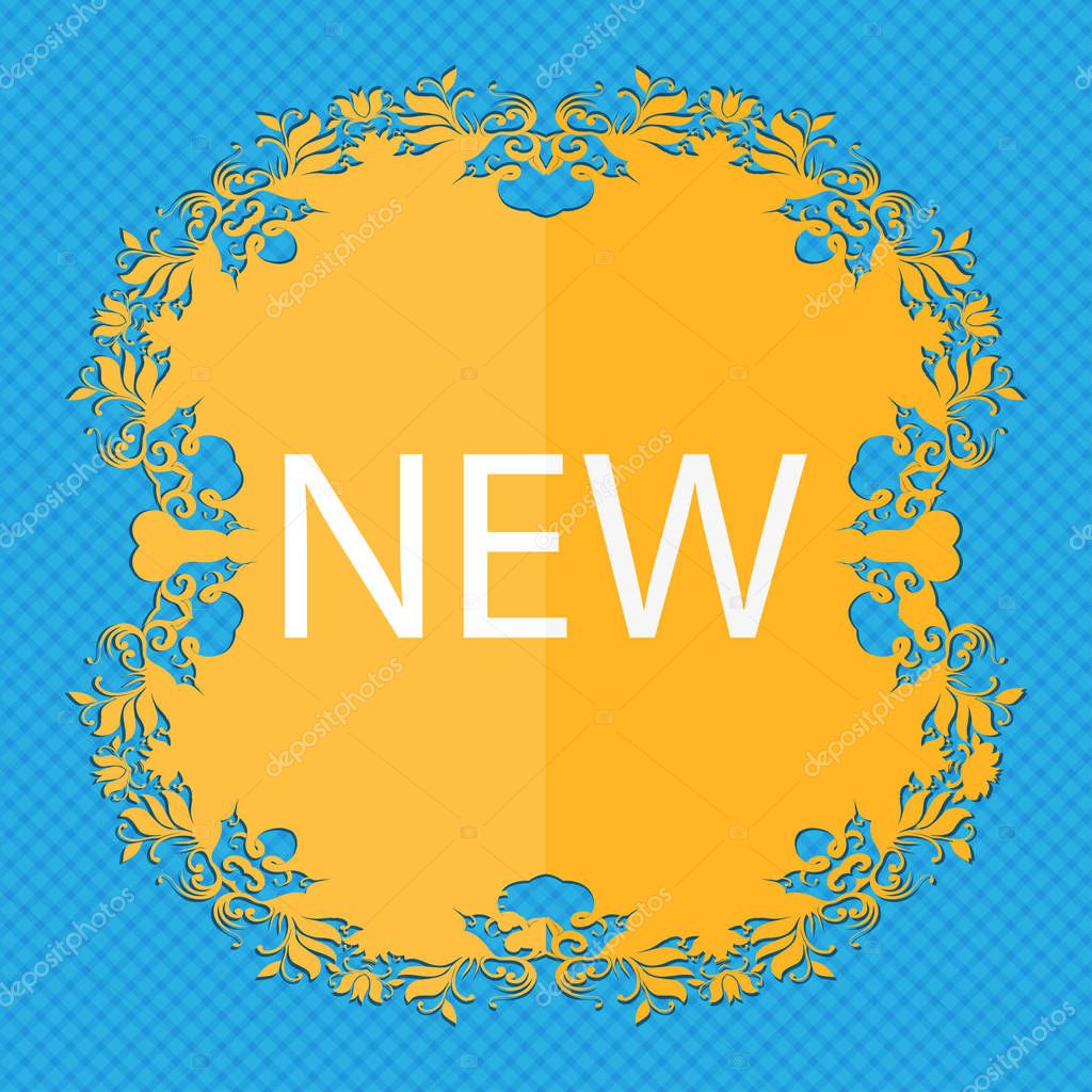 Nuevo icono de signo. símbolo del botón de llegada. Diseño plano floral ...