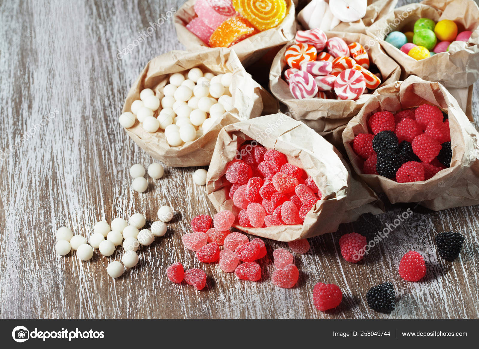 Many Assorted Sweet Sugar Candies Vintage Wooden Background Stock Photo ...