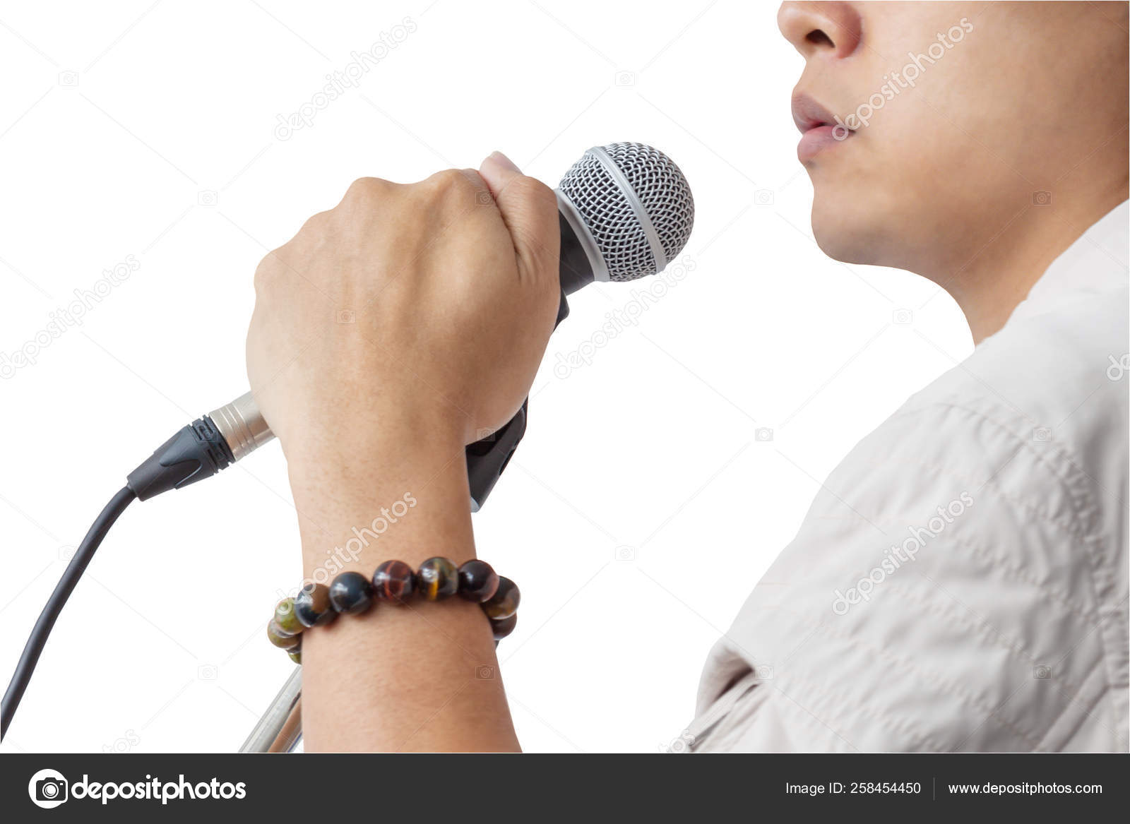 Man Hand Holding Microphone Stand Sing Song Isolated White Background ...