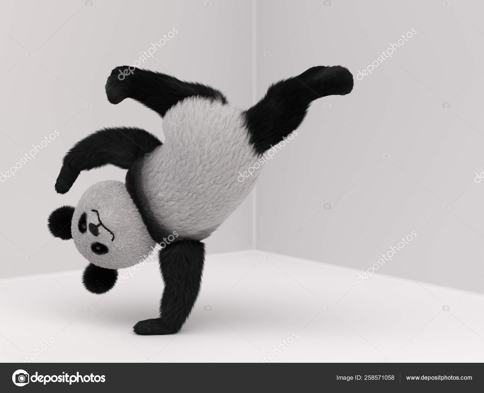 Fluffy Three Dimensional Panda Engaged Breakdance Stands Front One Hand ...