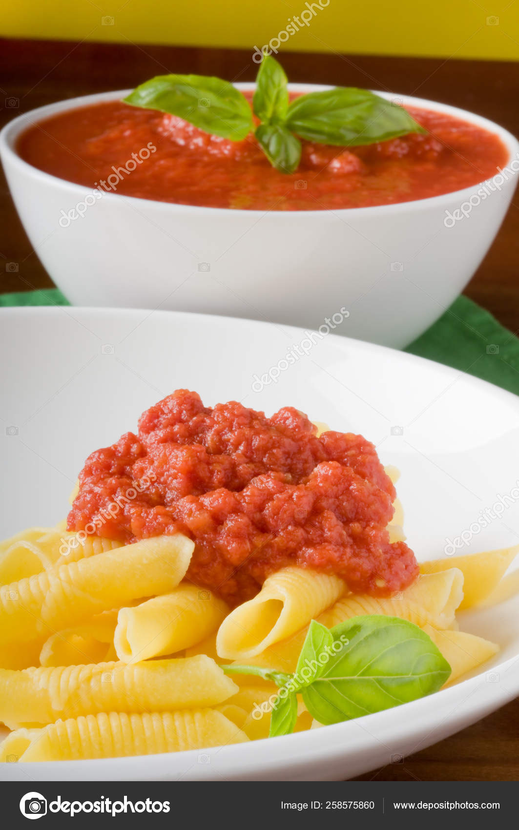 Pasta Tomato Sauce Basil Garganelli Pomodoro Basilico Stock Photo by ...