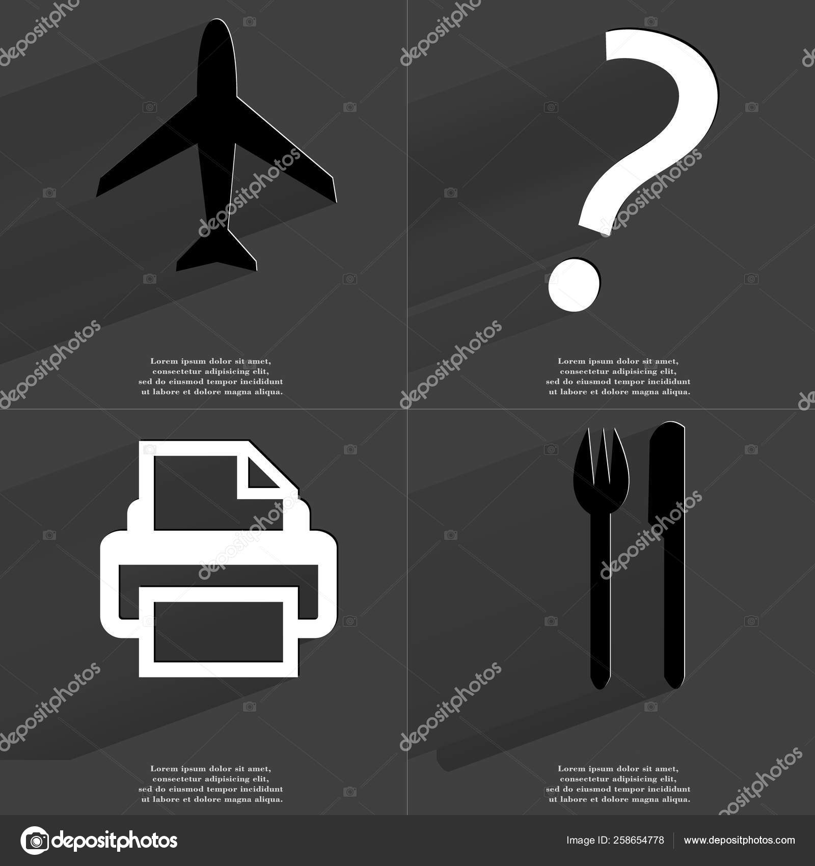 Airplane Question Mark Printer Fork Knife Symbols Long Shadow Flat ...