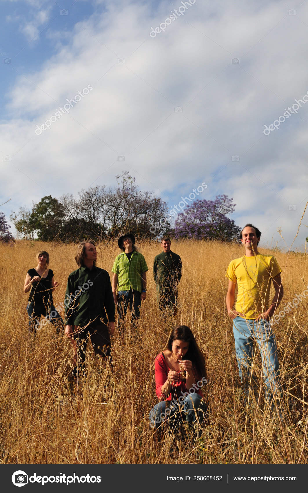 Happy Group Six Friends Enjoys Summer Day Field Very Tall Stock Photo ...