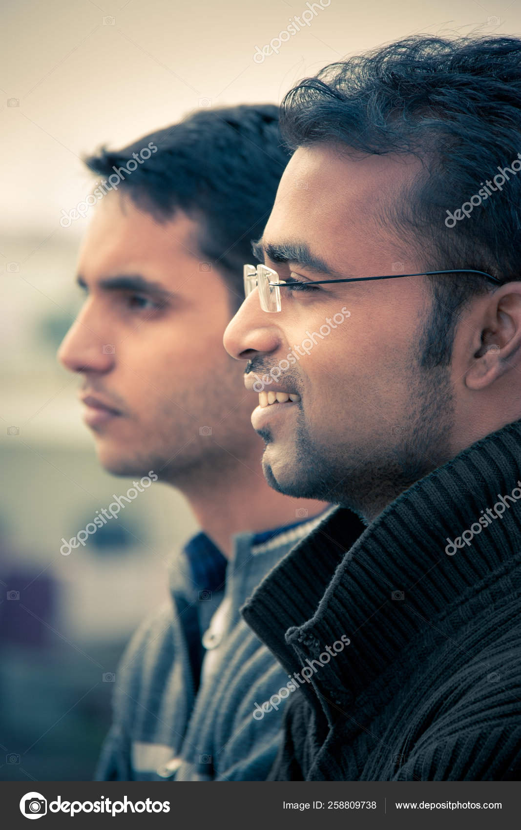 Two Indian Happy Handsome Men Looking Something Both Smiling Stock ...