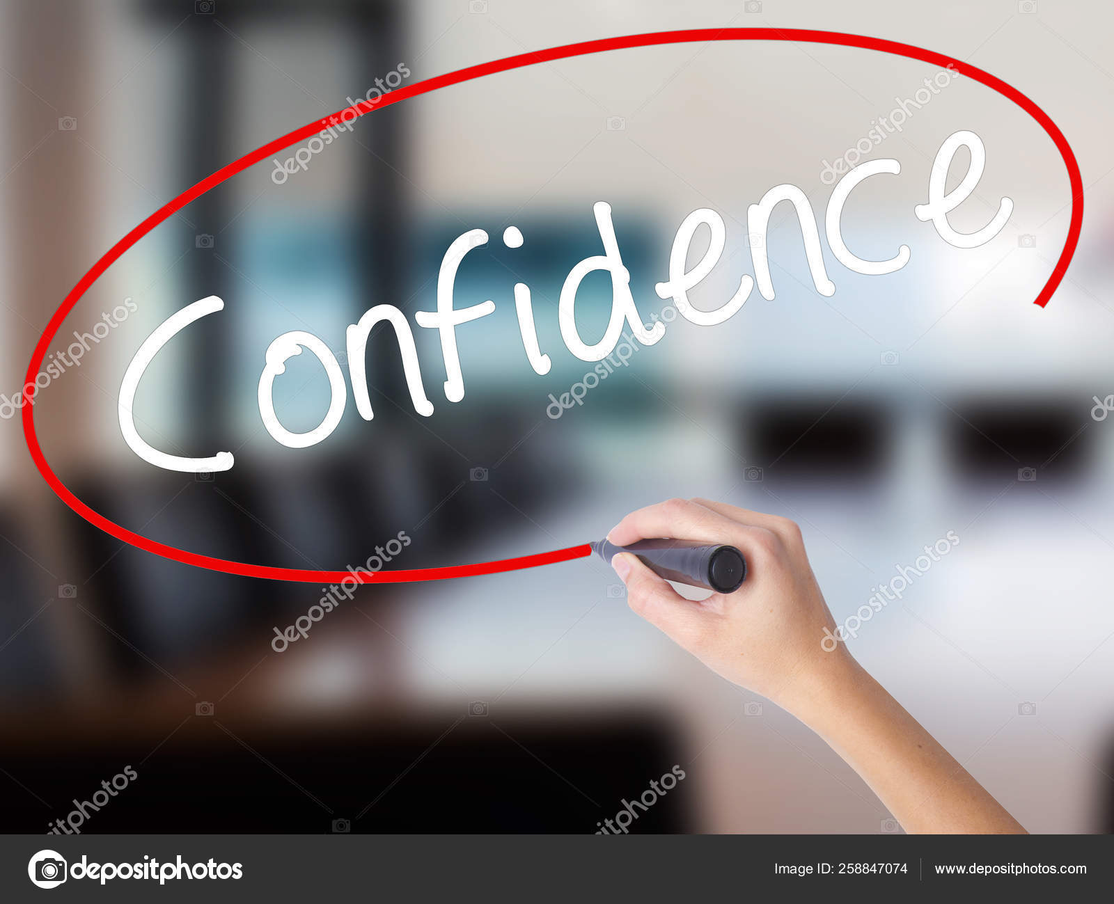 Woman Hand Writing Confidence Marker Transparent Board Isolated Office ...